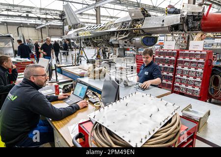 Illustration picture shows an F16 fighter jet in maintenance during a ...