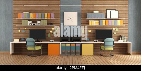Modern office with two workstations and wood paneling on background ...