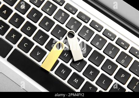 Modern laptop with metallic and golden USB flash drives isolated on ...