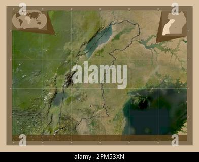 Western, region of Uganda. Low resolution satellite map. Locations of ...