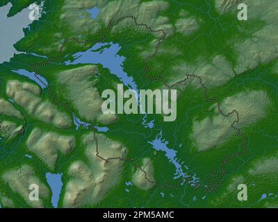 Fermanagh, region of Northern Ireland. Colored elevation map with lakes ...