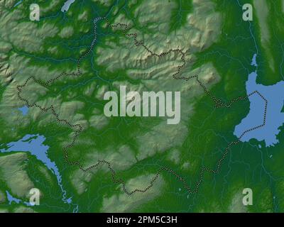 Tyrone, region of Northern Ireland. Colored elevation map with lakes ...