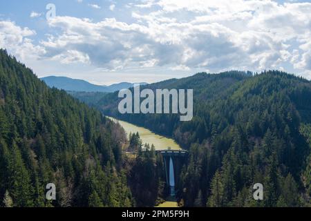 Aerial view of the Alder Dam and Nisqually River in the Cascade ...
