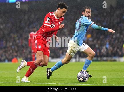 Bayern Munich's Jamal Musiala (left) and Celtic's Daizen Maeda battle ...
