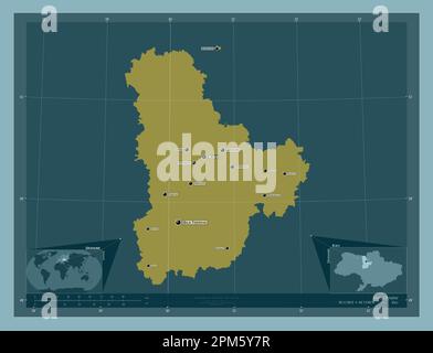 Kiev, region of Ukraine. Solid color shape. Locations and names of ...