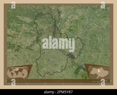 Kiev, region of Ukraine. Low resolution satellite map. Locations of ...