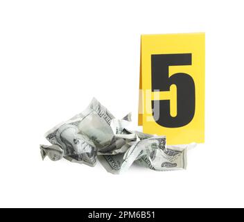 Bloody crumpled dollars and crime scene marker with number two isolated ...