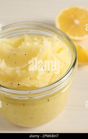 Jar of body scrub on light background Stock Photo - Alamy