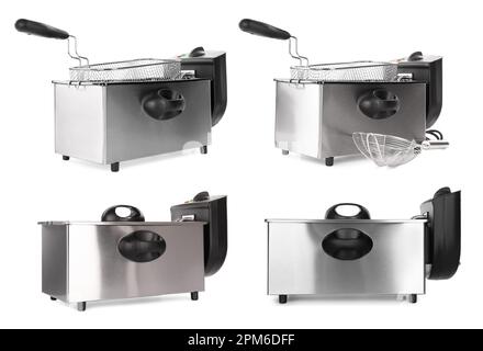 Set with modern deep fryers on white background. Banner design Stock ...