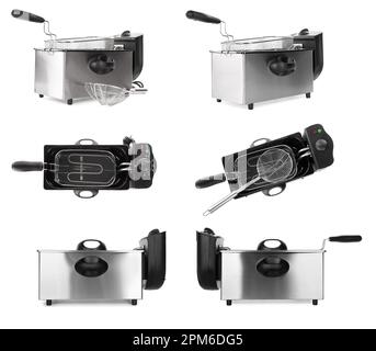 Set with modern deep fryers on white background. Banner design Stock ...