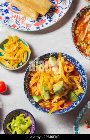 Aztec soup. Close up of mexican tortilla soup Sopa Azteca Stock Photo ...
