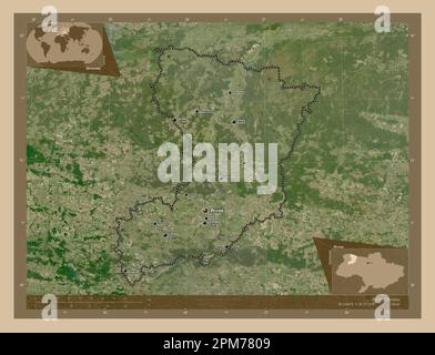 Rivne, region of Ukraine. Low resolution satellite map. Locations of ...