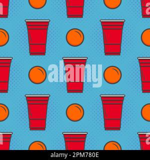 Beer pong seamless pattern. Red plastic cups on blue background. Famous ...