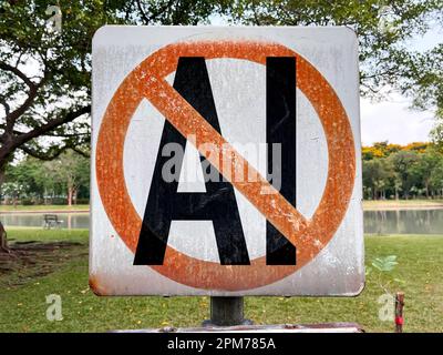 AI. Artificial Intelligence. Warning sign with text in the hands of a ...