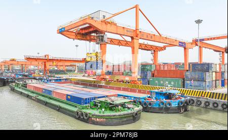Aerial photo shows cargo ships sailing in the Grand Canal in Yangzhou ...