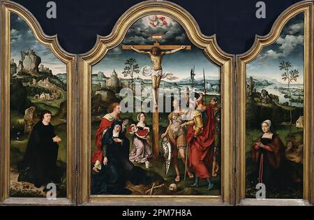 Triptych of The Crucifixion Flanked by the Kneeling Donor and His Wife, by Joos van Cleve, view ...
