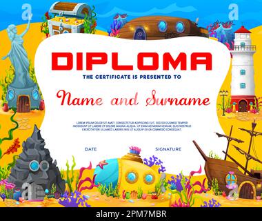 Cartoon kids diploma with underwater landscape and animals. Vector ...