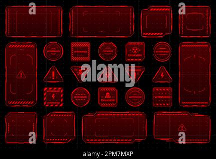 HUD danger and warning red interface frames, vector game ui. Futuristic digital alert screens ...