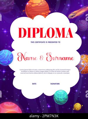 Kids diploma with galaxy space planets, vector award certificate ...