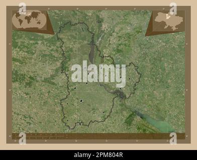 Kiev, region of Ukraine. Low resolution satellite map. Locations of ...