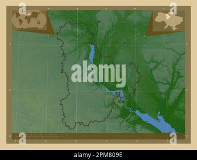 Kiev, region of Ukraine. Colored elevation map with lakes and rivers ...