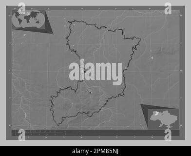 Rivne, region of Ukraine. Grayscale elevation map with lakes and rivers ...