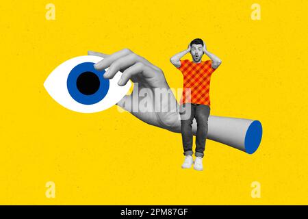 Photo collage illustration young scared woman biting nails terrified ...