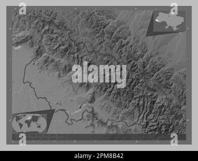 Transcarpathia, region of Ukraine. Grayscale elevation map with lakes ...