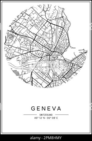Black and white printable Geneva city map, poster design, vector ...