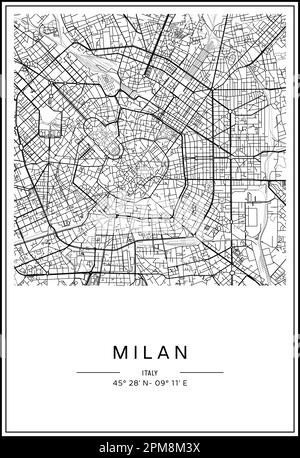 Black and white printable Milan city map, poster design, vector ...