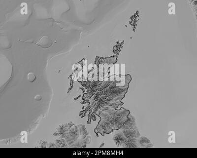 Scotland, region of United Kingdom. Grayscale elevation map with lakes ...