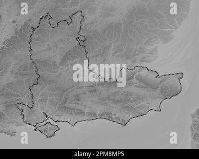 London, region of United Kingdom. Grayscale elevation map with lakes ...