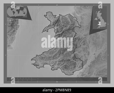 Wales, region of United Kingdom. Grayscale elevation map with lakes and ...