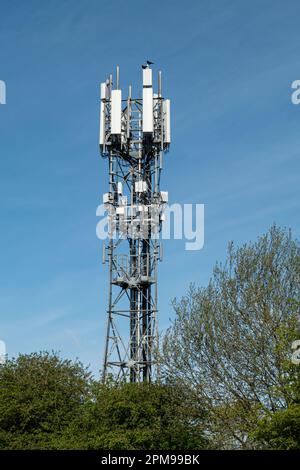 Tall monopole cell tower with metal scaffolding and antennas - grey ...