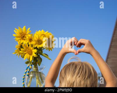 A child holds a heart of the Ukrainian flag. Selective focus Stock ...