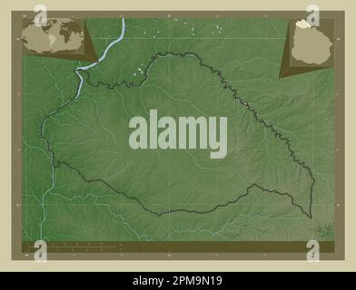 Artigas, department of Uruguay. Colored elevation map with lakes and ...