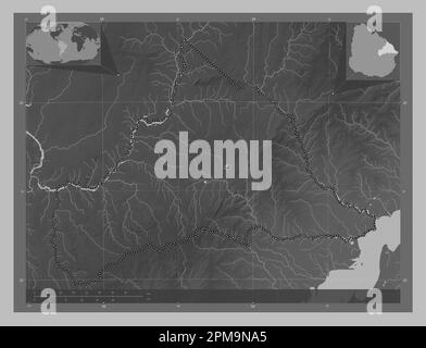 Cerro Largo, department of Uruguay. Grayscale elevation map with lakes ...