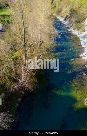 The river called Aragon as it passes through Jaca, Pyrenees in Spain ...