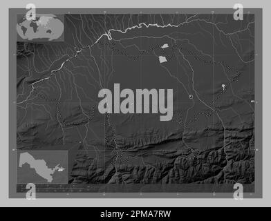 Ferghana, region of Uzbekistan. Grayscale elevation map with lakes and ...