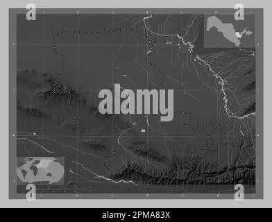 Jizzakh, region of Uzbekistan. Grayscale elevation map with lakes and ...