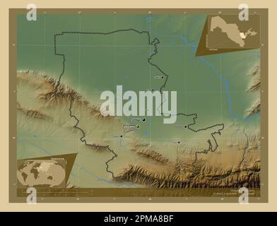Jizzakh, region of Uzbekistan. Colored elevation map with lakes and ...