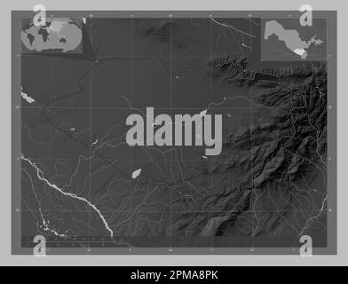 Kashkadarya, region of Uzbekistan. Grayscale elevation map with lakes ...
