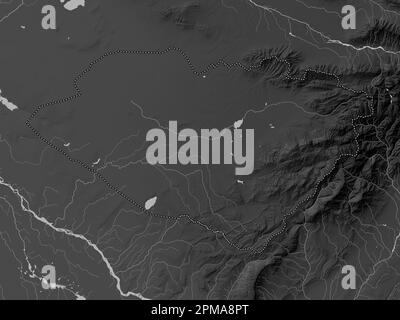 Kashkadarya, region of Uzbekistan. Grayscale elevation map with lakes ...