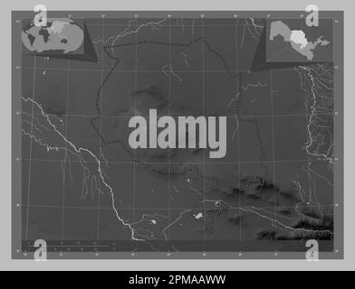 Navoi, region of Uzbekistan. Grayscale elevation map with lakes and ...