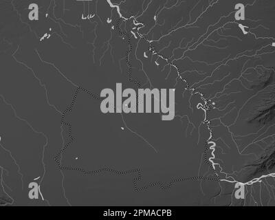 Sirdaryo, region of Uzbekistan. Grayscale elevation map with lakes and ...