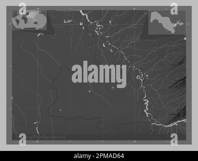 Sirdaryo, region of Uzbekistan. Grayscale elevation map with lakes and ...