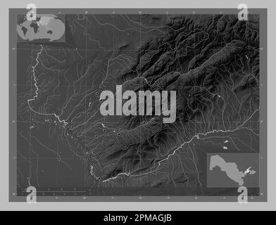Tashkent, region of Uzbekistan. Grayscale elevation map with lakes and ...