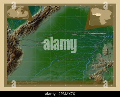 Apure, state of Venezuela. Colored elevation map with lakes and rivers ...