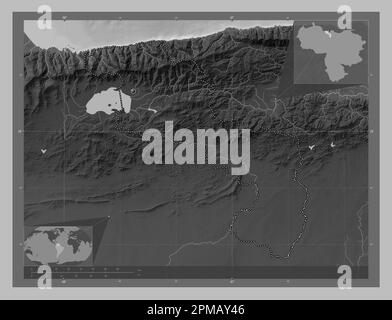 Aragua, state of Venezuela. Grayscale elevation map with lakes and ...