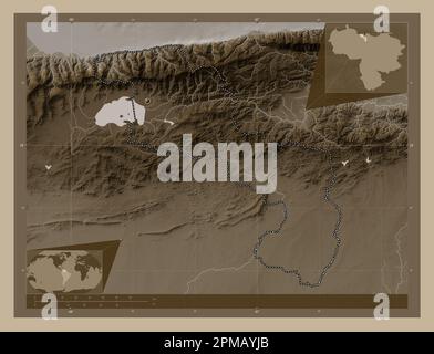 Aragua, state of Venezuela. Colored elevation map with lakes and rivers ...